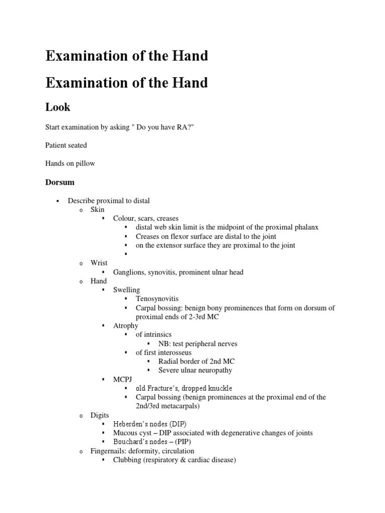 Examination of The Hand | PDF | Thumb | Hand
