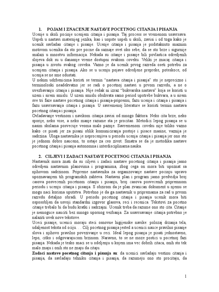 Pocetno Citanje I Pisanje 1 | PDF