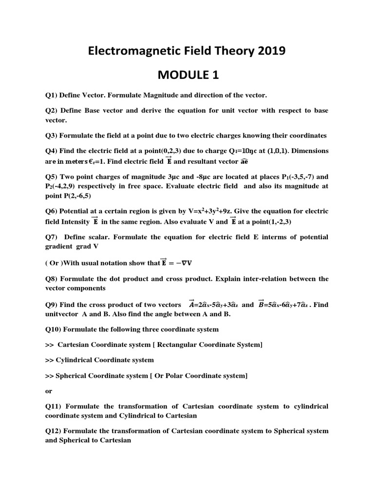 Electromagnetic Field Theory 2019 Question Bank | PDF | Euclidean ...
