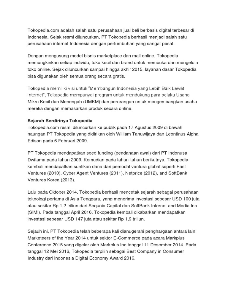 Sejarah dan Pendiri Tokopedia | PDF