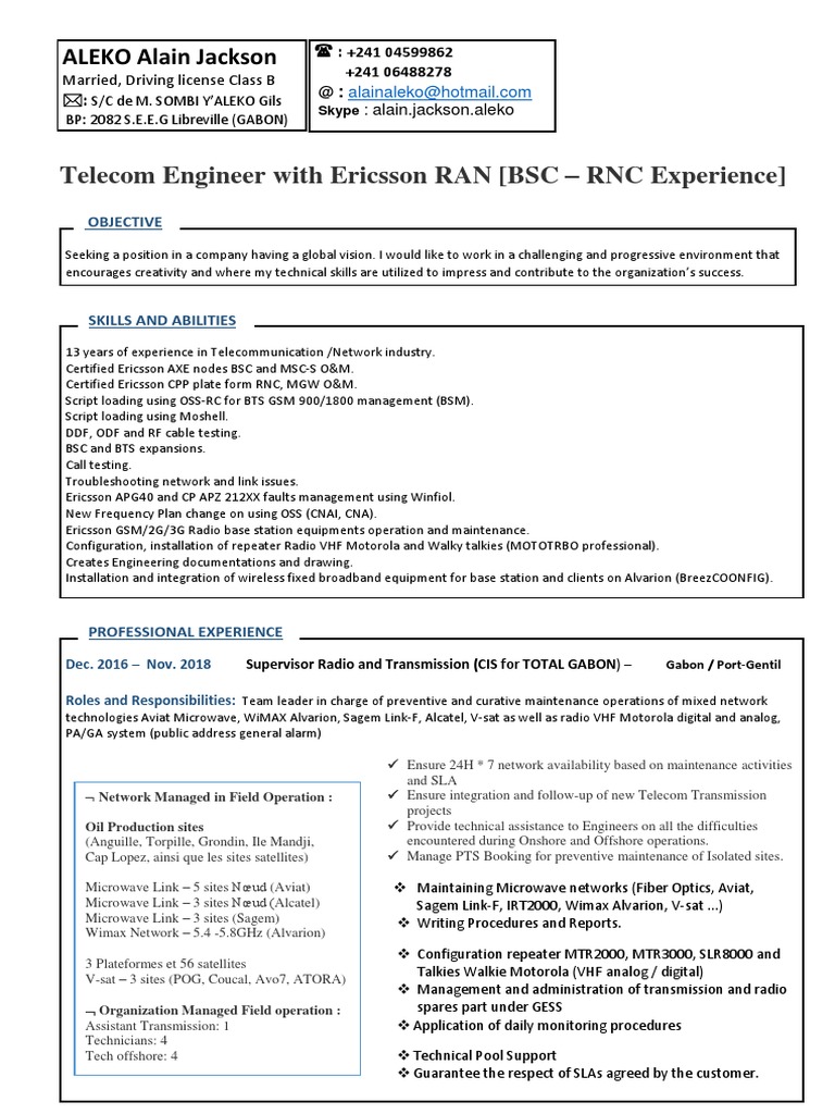CV - Alain Jackson ALEKO Telecom Engineer With Ericsson RAN (BSC - RNC ...