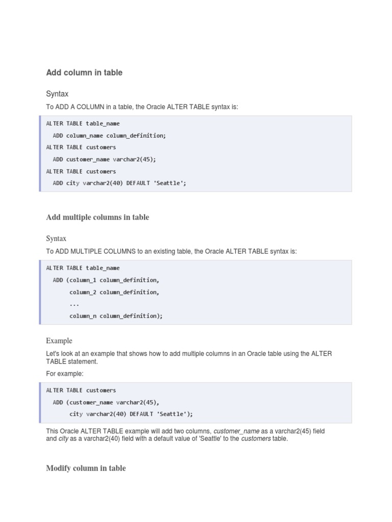 Add Column in Table: Syntax | PDF | Table (Database) | Computer Programming