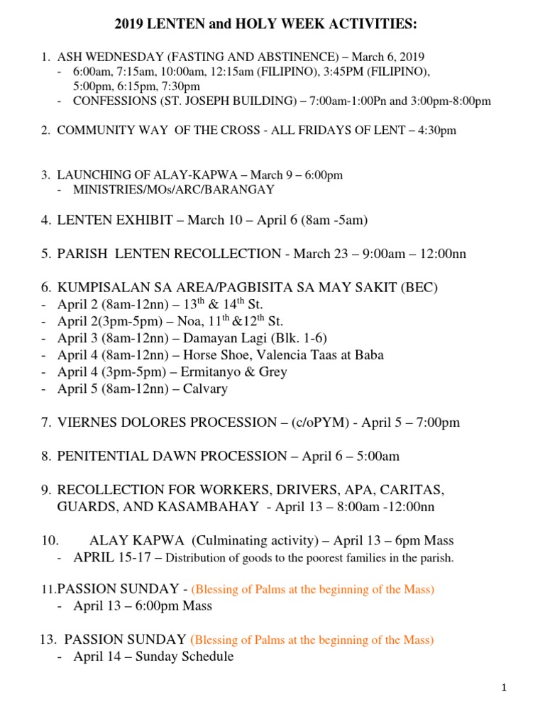 2019 Lenten and Holy Week Activities | PDF | Lent | Religious Rituals