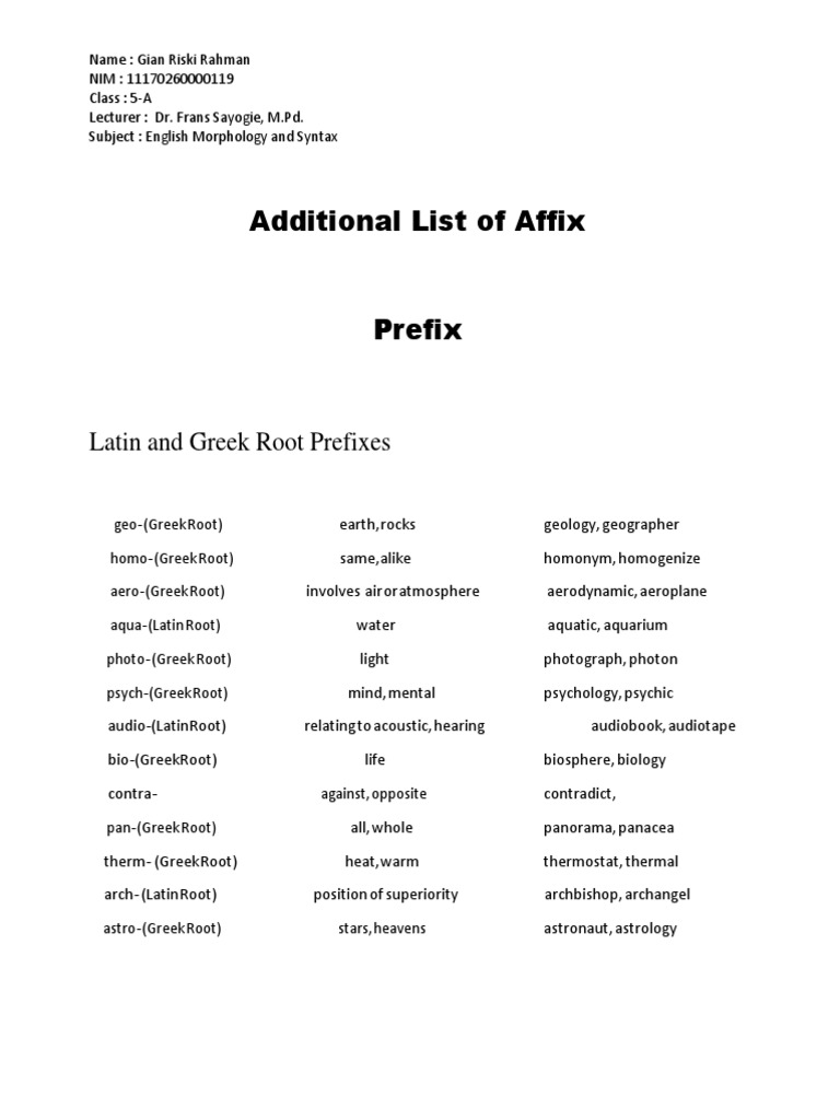Additional List of Affix: Latin and Greek Root Prefixes | PDF ...