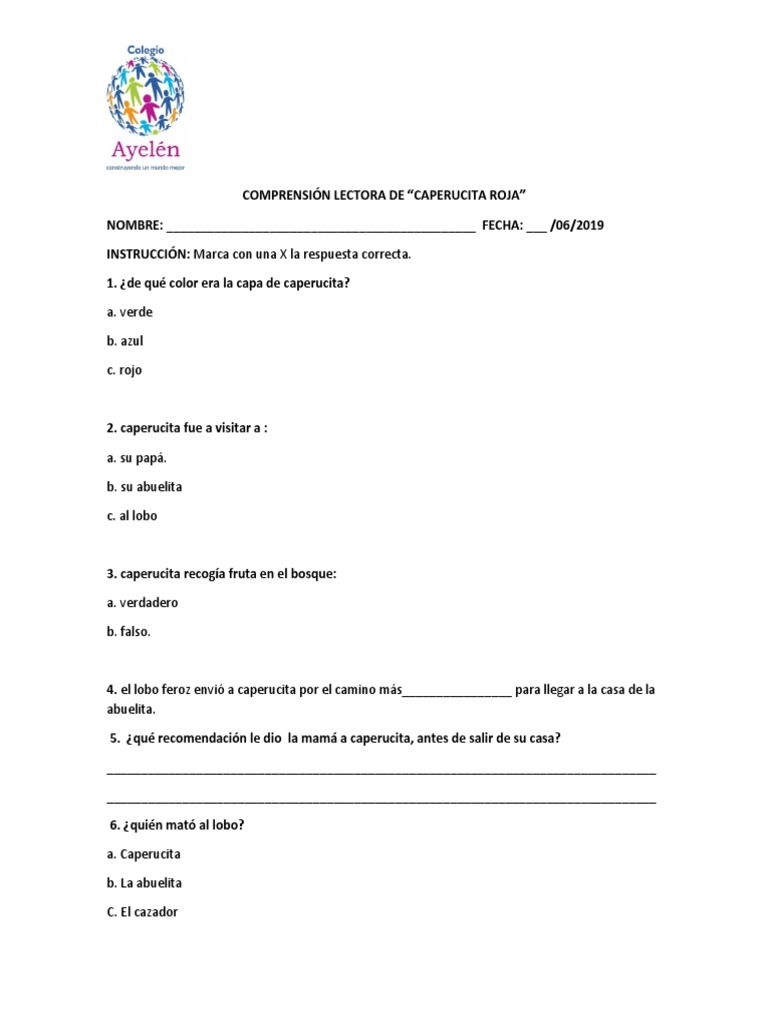 Comprensión Lectora - Caperucita Roja | PDF