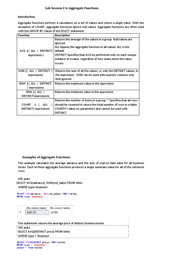 Database SQL Aggregate Functions | PDF | Information Technology ...