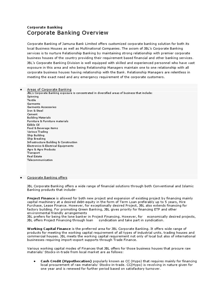 Jamuna Bank Corporate Banking Overview | PDF | Letter Of Credit | Banks
