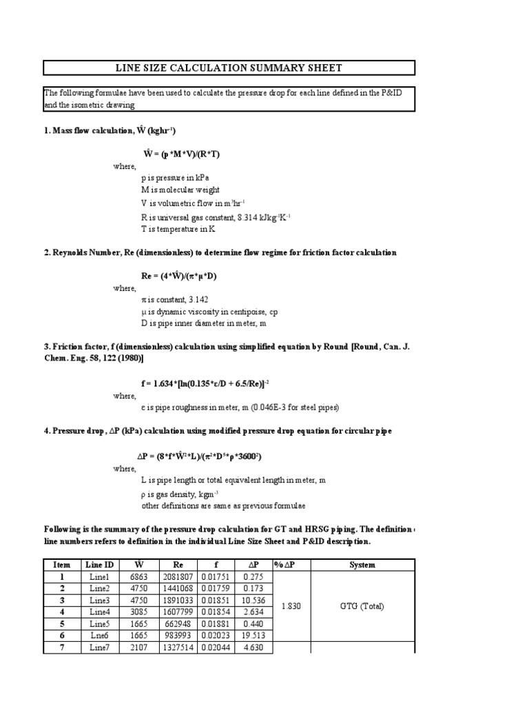Line Size Calculation Summary Sheet | PDF | Fluid Dynamics | Pressure