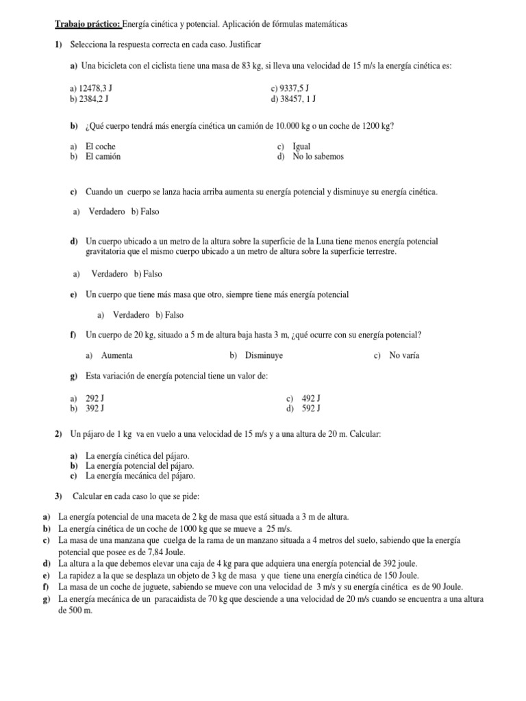 Hoja De Trabajo Sobre Energía Potencial Y Cinética: Respuestas