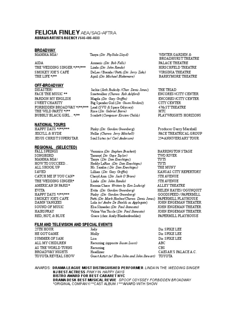 Felicia Finley Resume 2019 Oct | PDF | Broadway Theatre | Musical Theatre