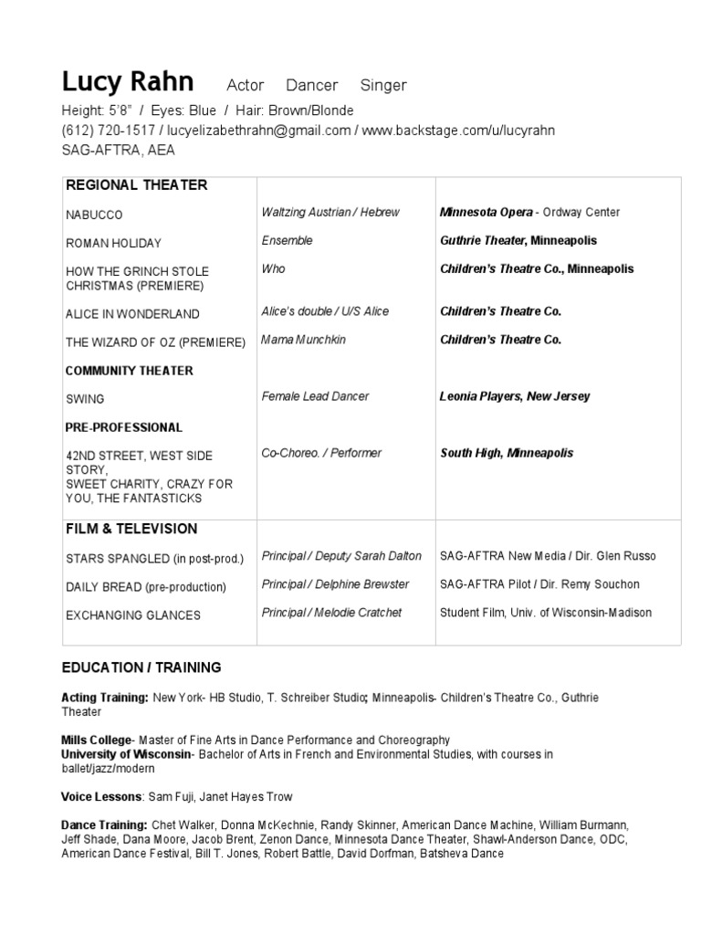 Lucy Rahn: Actor, Dancer, Singer Profile | PDF | Jazz | Leisure