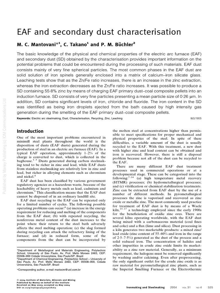 EAF and Secondary Dust Characterisation | PDF | Iron | Zinc