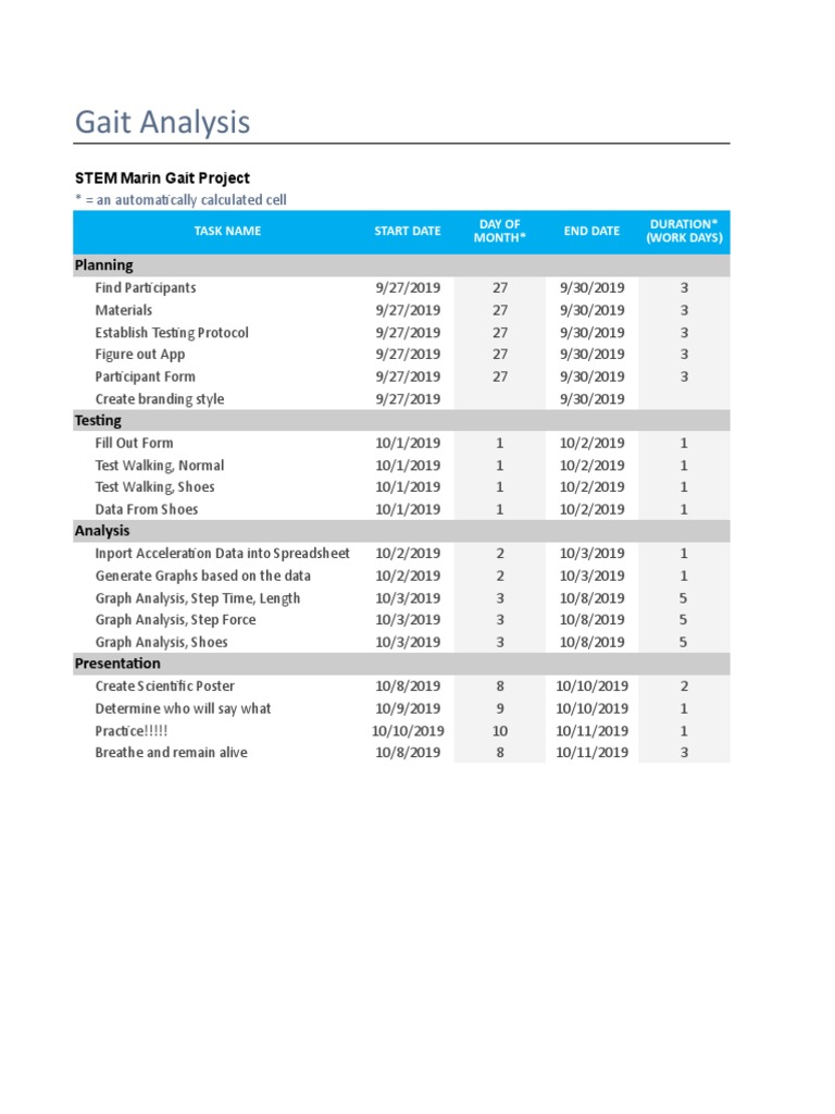 Gait Analysis Gantt Chart | PDF | Computing | Cyberspace