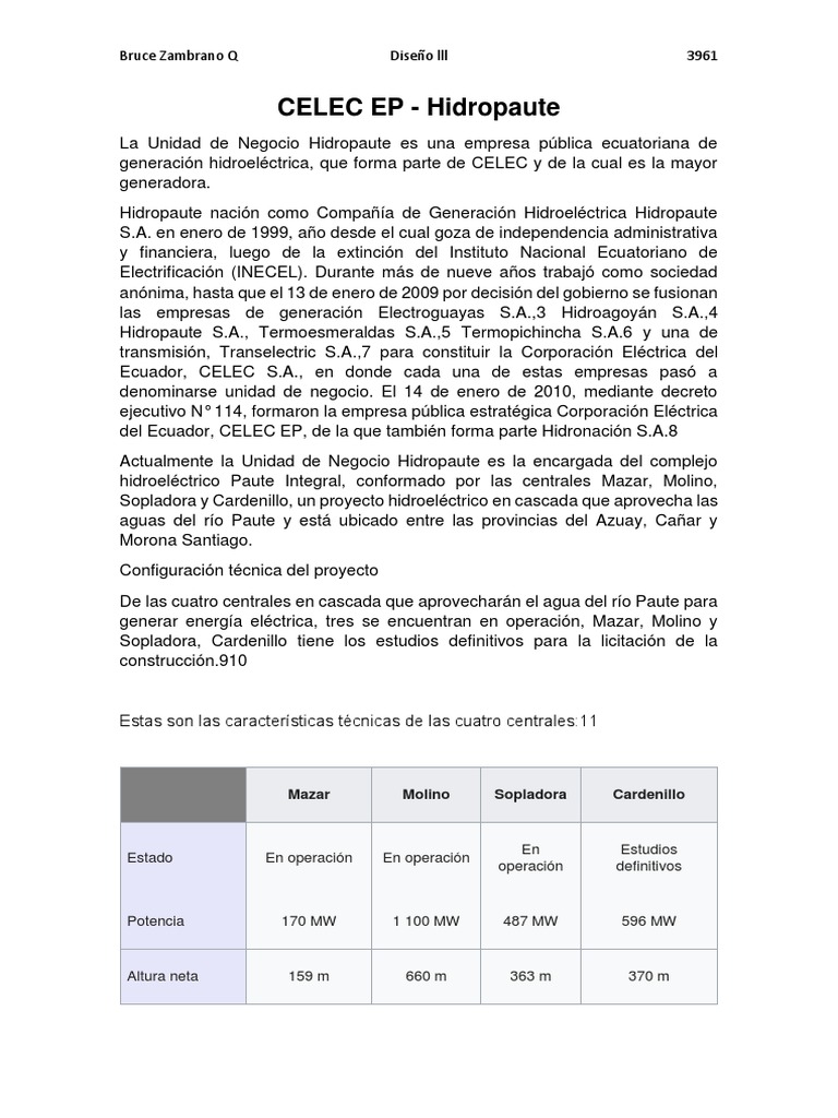 CELEC EP - Hidropaute - Paute - Cardenillo | PDF | Represa | Túnel