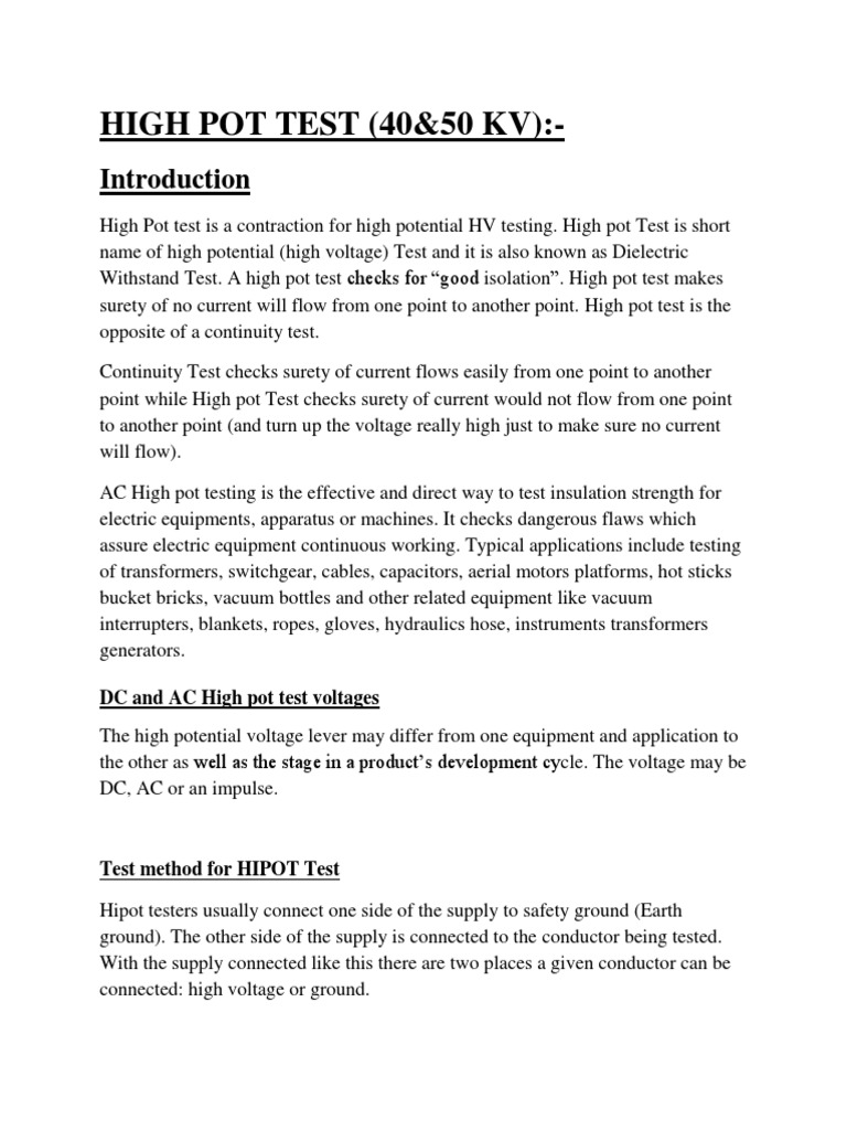 1.HIGH POT TEST (40kv, 50kv) | PDF | Insulator (Electricity) | High Voltage