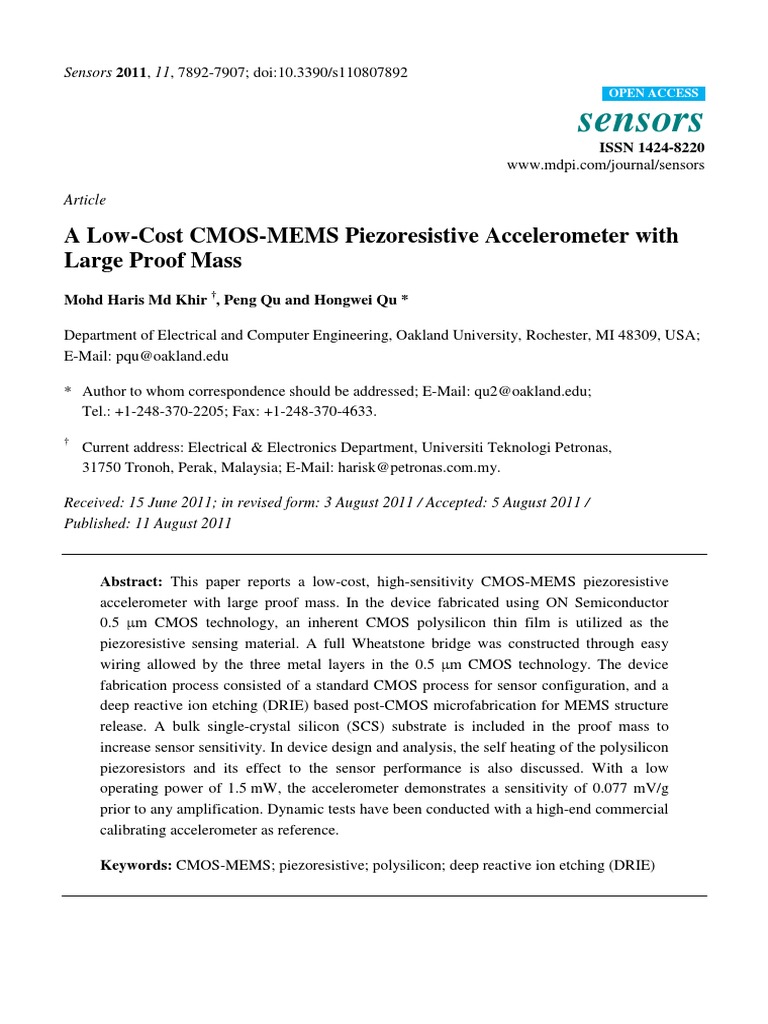 CMOS-MEMS Sensor | PDF | Accelerometer | Microelectromechanical Systems