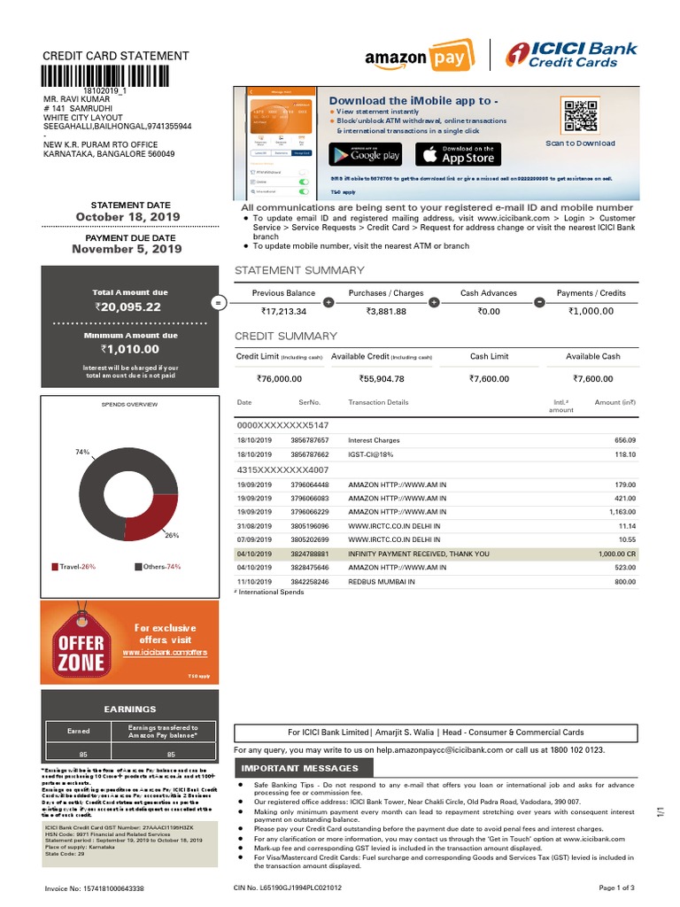 October 18, 2019 November 5, 2019: Credit Card Statement | Download ...