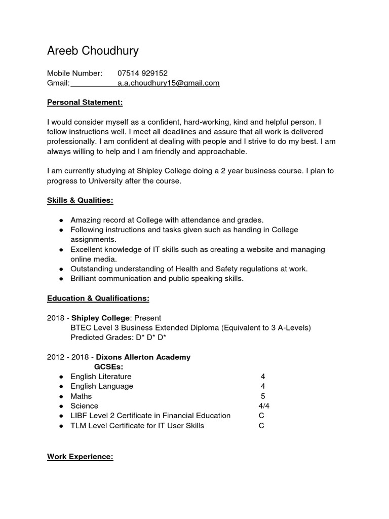 Areeb Choudhury - CV 2 | PDF | Communication | Business