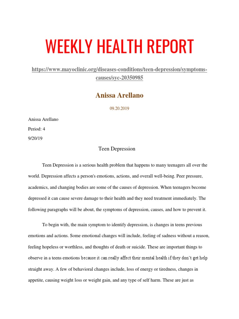 Health - Weekly Health Report | PDF | Depression (Mood) | Adolescence