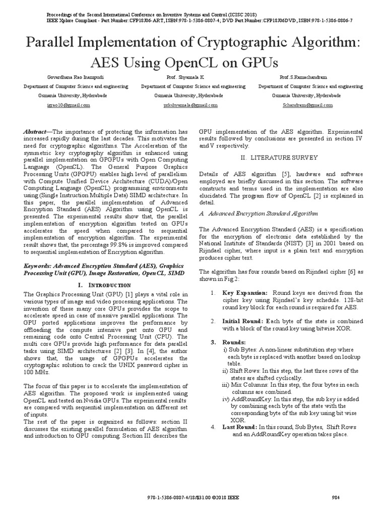Parallel Implementation Of Cryptographic Algorithm Aes Using Opencl On 7269