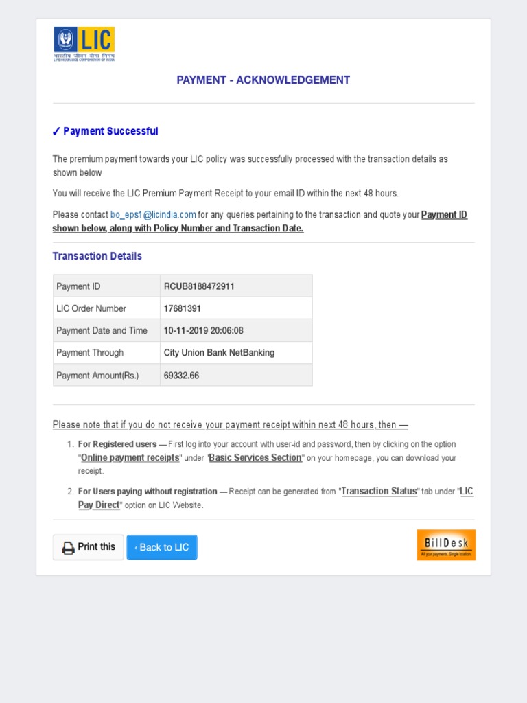 Payment Confirmation for Life Insurance Policy Premium of Rs. 69,332.66 ...