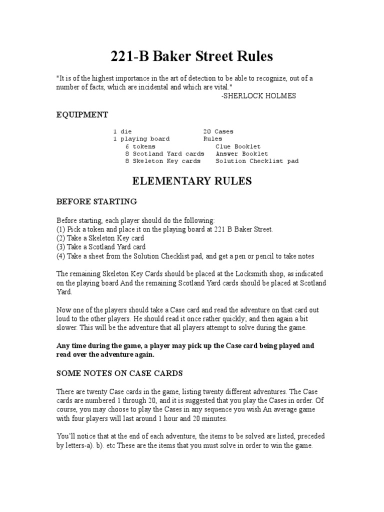 221B Baker Street Rules | PDF | Leisure