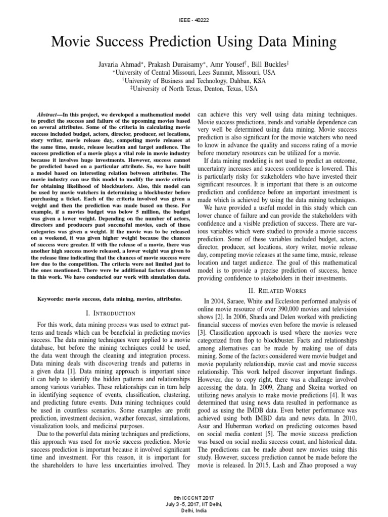 Movie Success Prediction Using Data Mining Javaria Ahmad Prakash Duraisamy Amr Yousef Bill