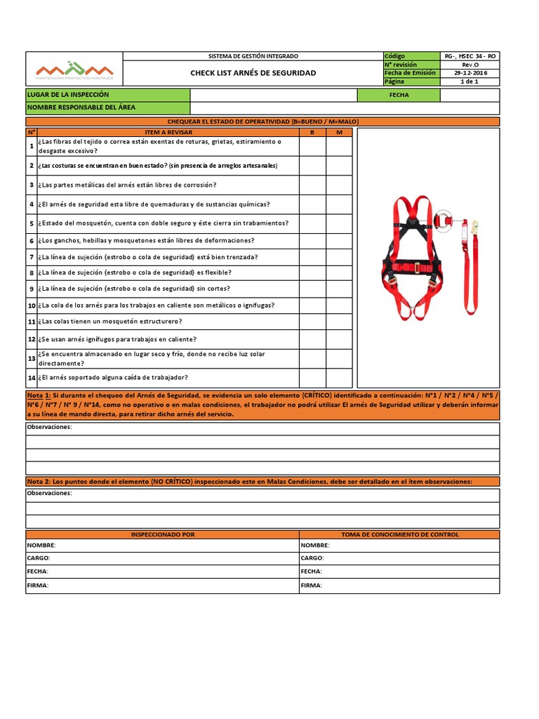 Check List Arnés De Seguridad: Rev.O 29-12-2016 1 de 1 Rg-, Hsec 34 ...