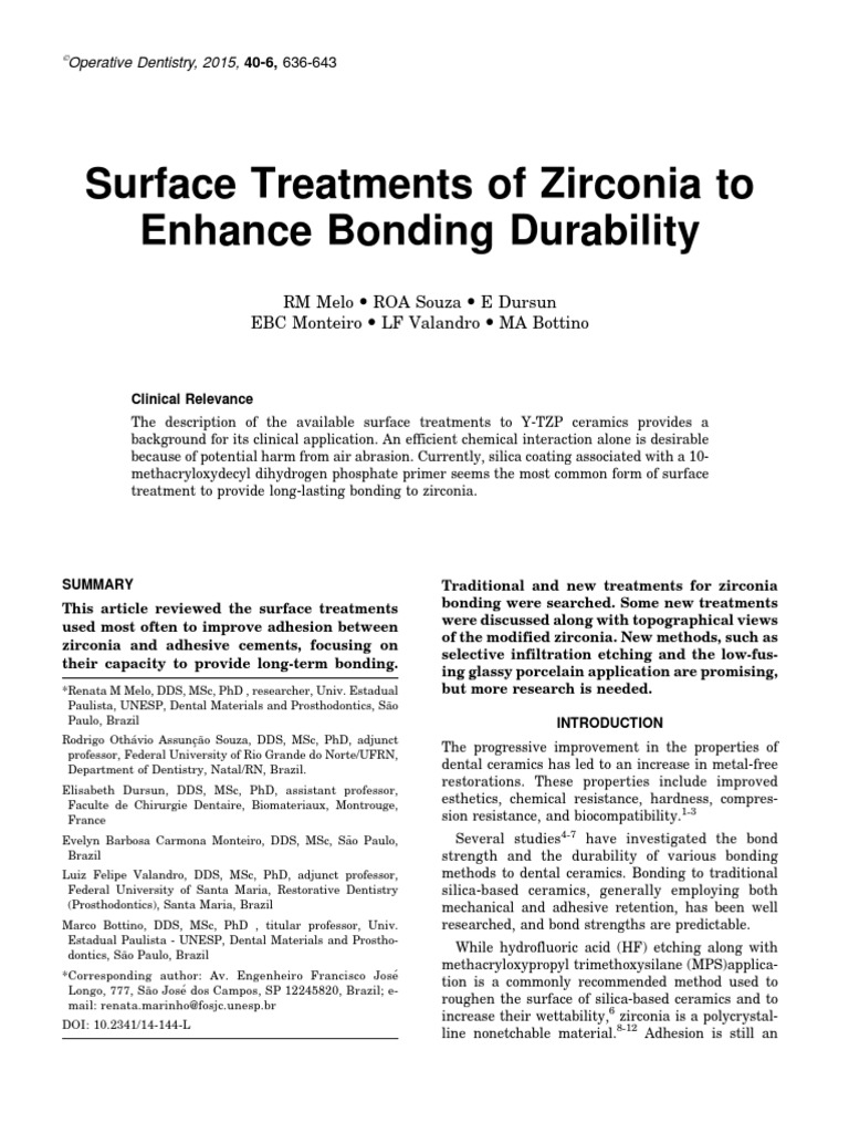 Surface Treatments of Zirconia | PDF | Zirconium Dioxide | Dental Material