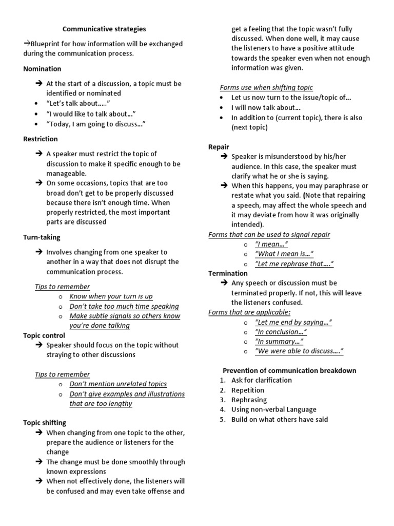 Forms Use When Shifting Topic: Communicative Strategies | PDF ...