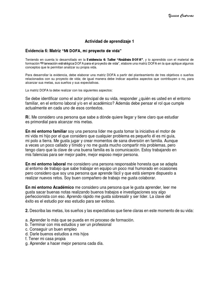 Evidencia 6 Matriz Mi DOFA Mi Proyecto de Vida | PDF | Análisis FODA ...