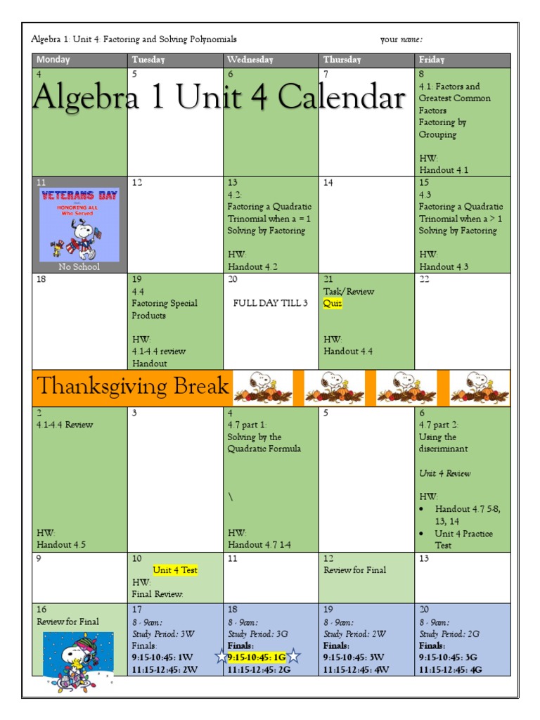 Algebra 1 Unit 4 HW Calendar | PDF | Quadratic Equation | Factorization