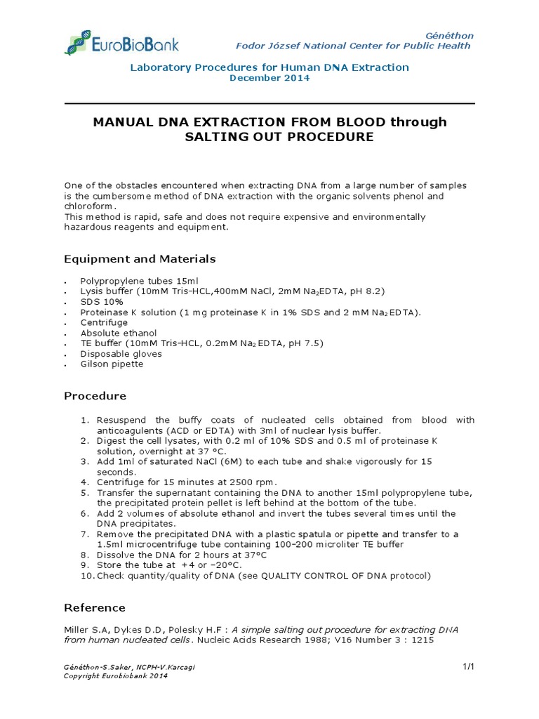 Manual Dna Extraction From Blood Through Salting Out Procedure | PDF