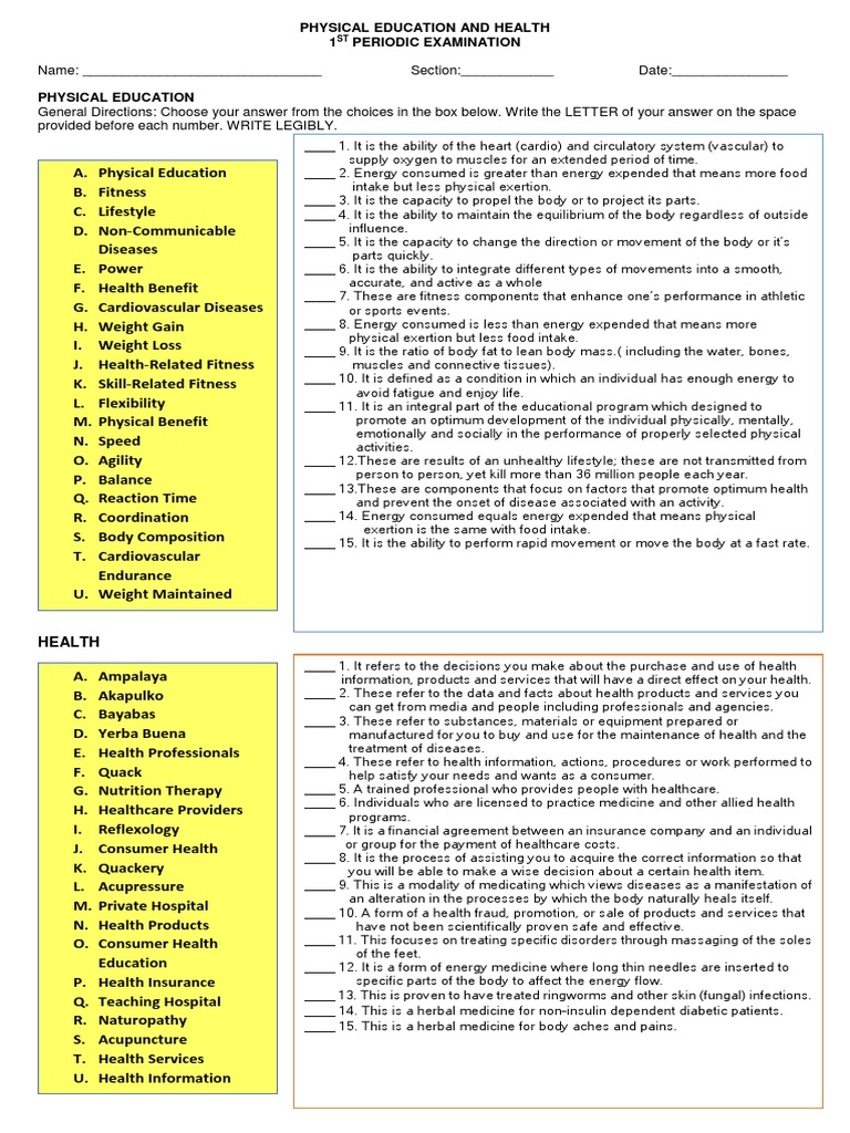 Physical Education & Health Exam Guide | PDF | Physical Fitness | Human ...