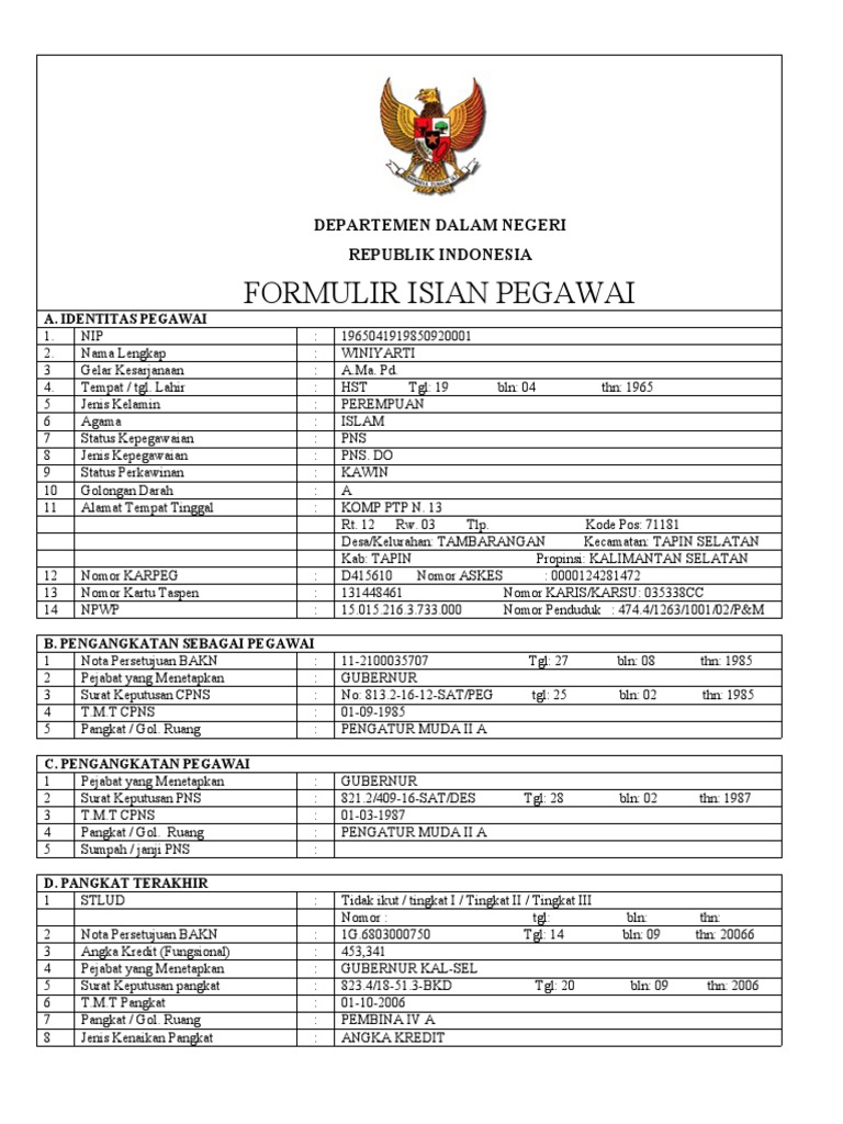5 Formulir Isian Pegawai Winiyarti A. Ma. PD | PDF