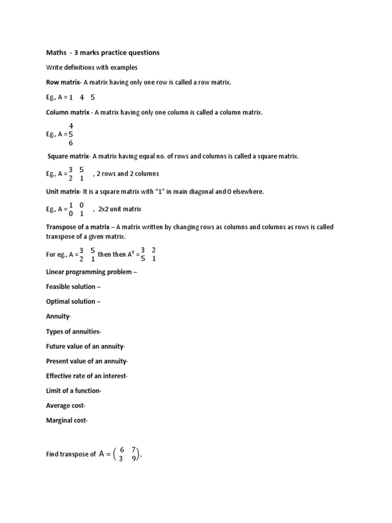 BCOM Maths Practice Questions | PDF | Matrix (Mathematics) | Mathematical Concepts