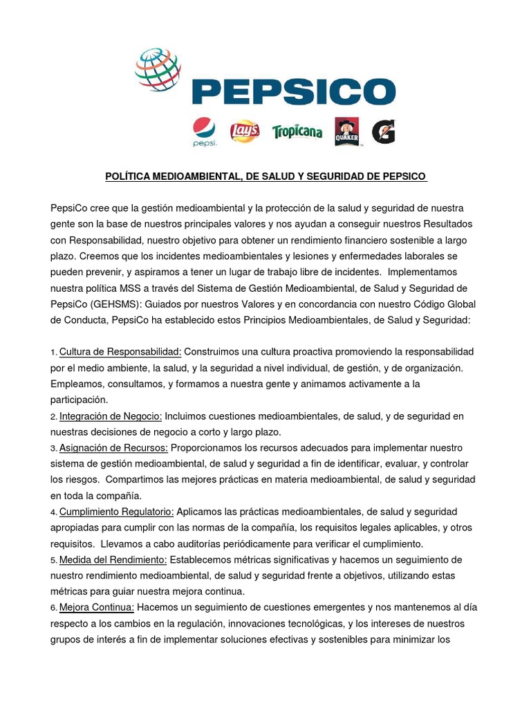 Política de EHS de PepsiCo México | PDF | Pepsi Co | Consumo (economía)