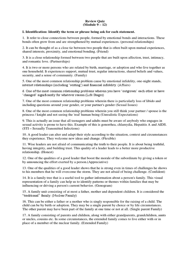 Review Quiz PerDev (Module 9 - 12) | PDF | Infidelity | Family