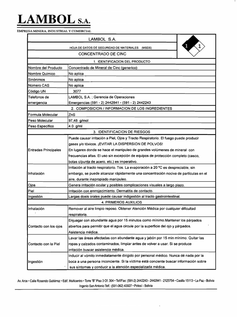 Hoja Seguridad Conzinc Lambol Español PDF | PDF | Agua | Mercancías ...