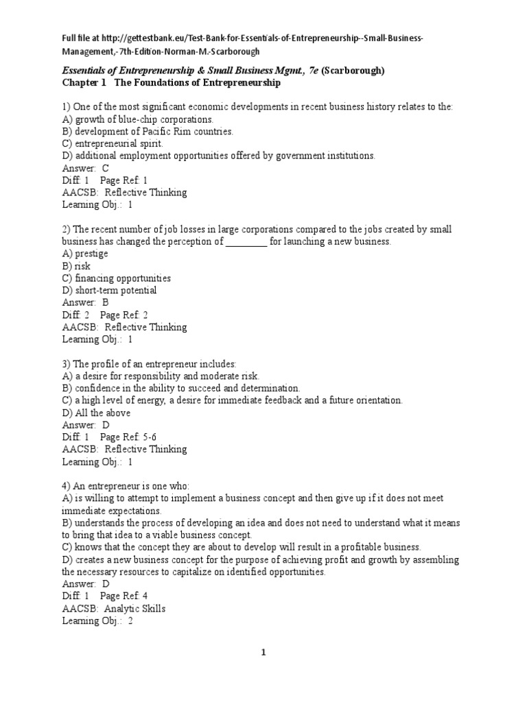 Test Bank For Essentials of Entrepreneurship Small Business Management ...