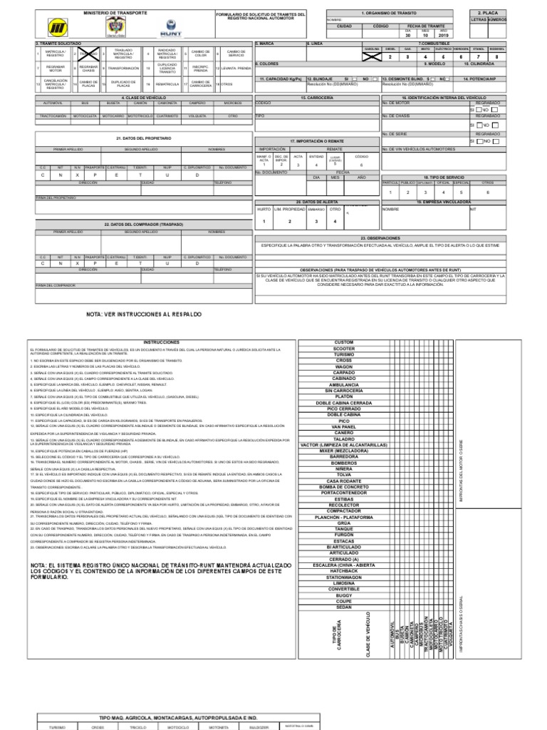 Formulario de Solicitud de Tramites Del Registro Nacional Automotor ...