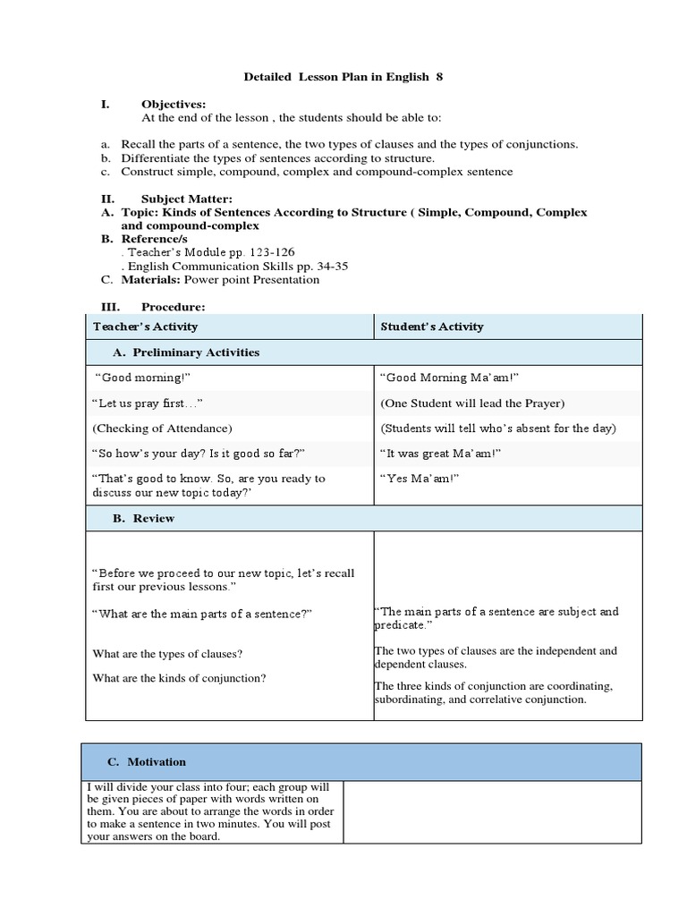 Lesson Plan on Sentence Structures | PDF | Sentence (Linguistics) | Syntax