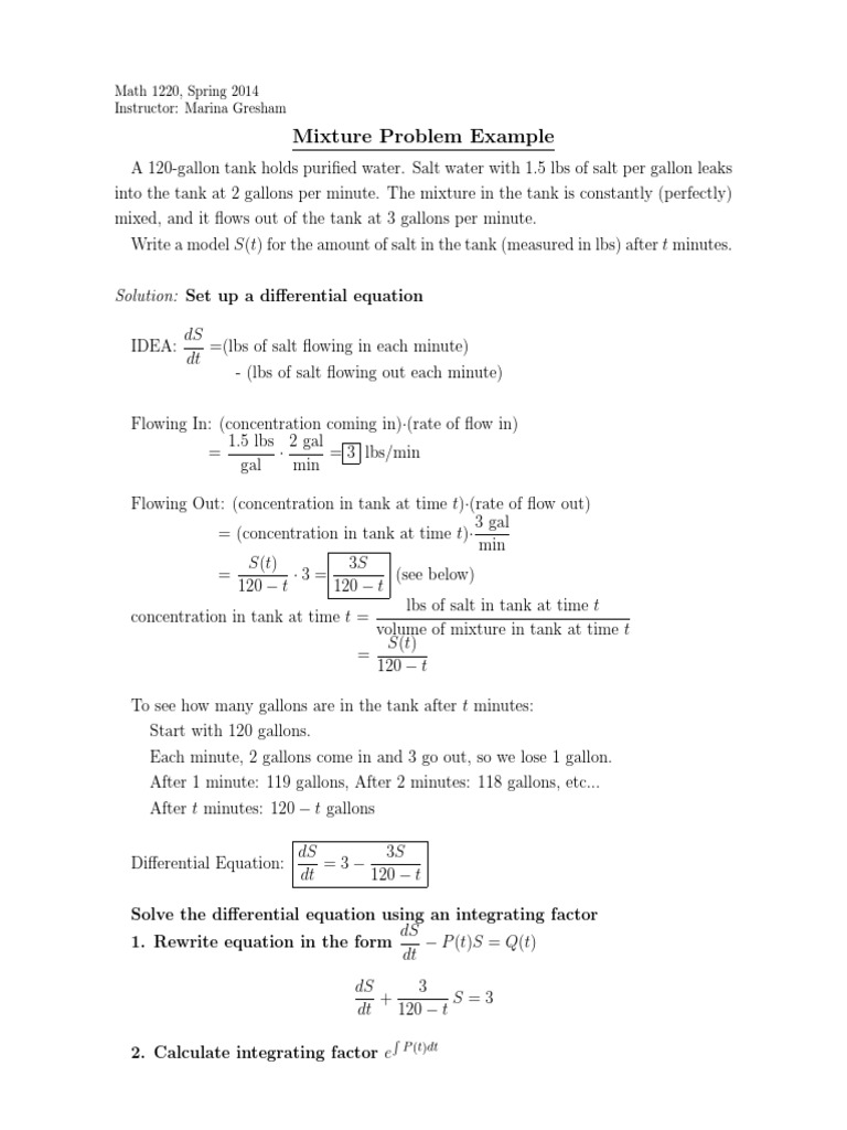 Differential Equation Modeling Salt Concentration in a Mixing Tank Over ...