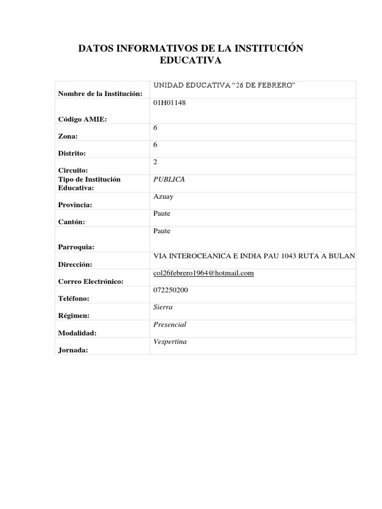 Datos Informativos de La Institucion Educativa | PDF