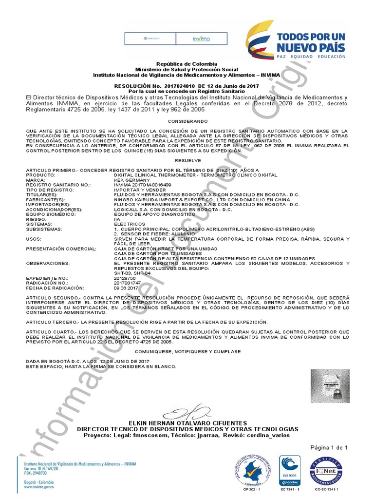 Registro Invima Termohigrometro | Bienestar | Medicina