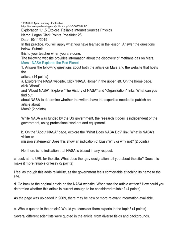 Apex Learning - Exploration | PDF | Expert | Mars