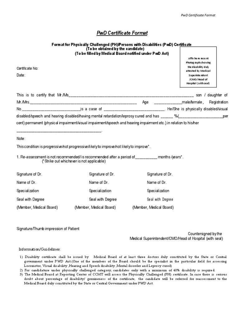 PWD Certificate Format | PDF | Disability | Psychiatry