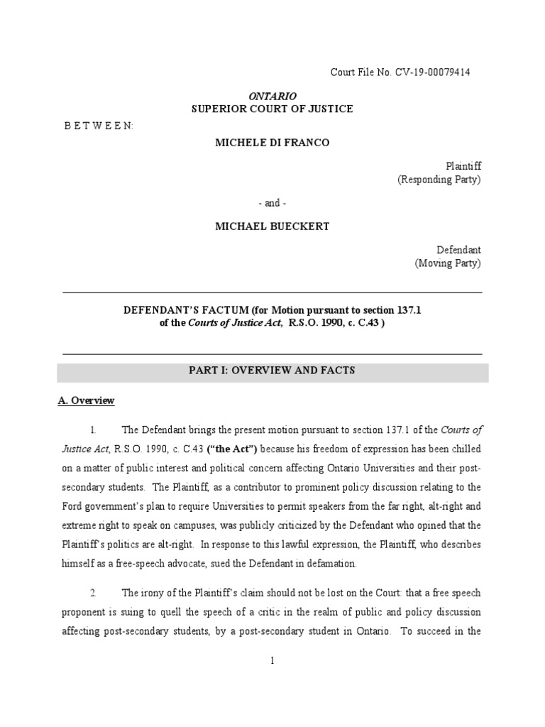 Bueckert Factum For Anti-SLAPP Motion - Nov 12, 2019 | PDF | Burden Of ...