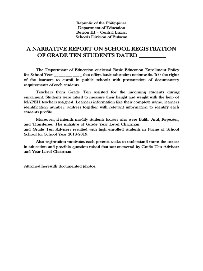 A Narrative Report On School Registration of Grade Ten Students | PDF