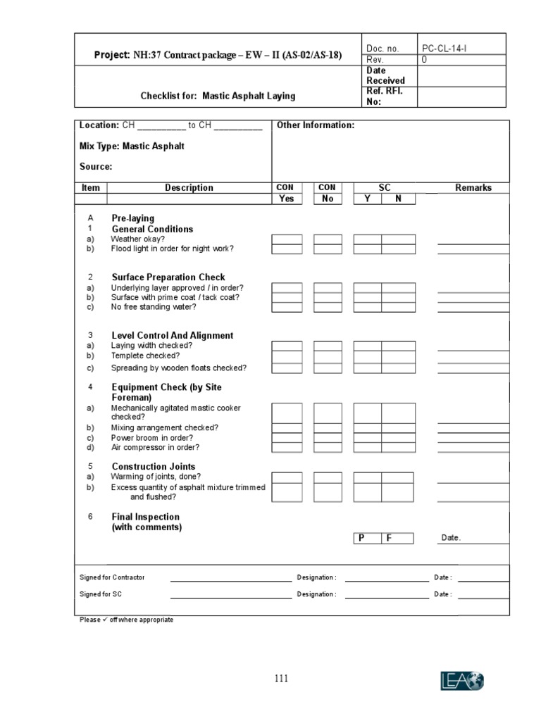 Mastic Asphalt Laying Checklist | PDF
